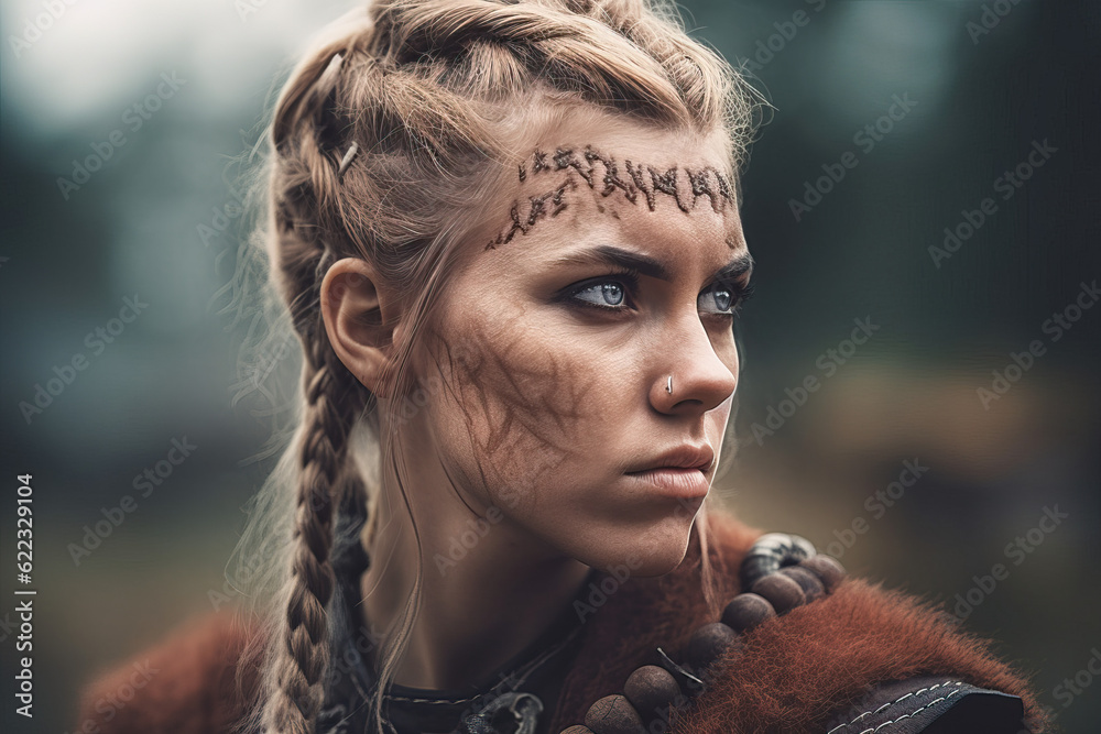 Powerful portrait of a traditional Viking female, embodying the valor ...