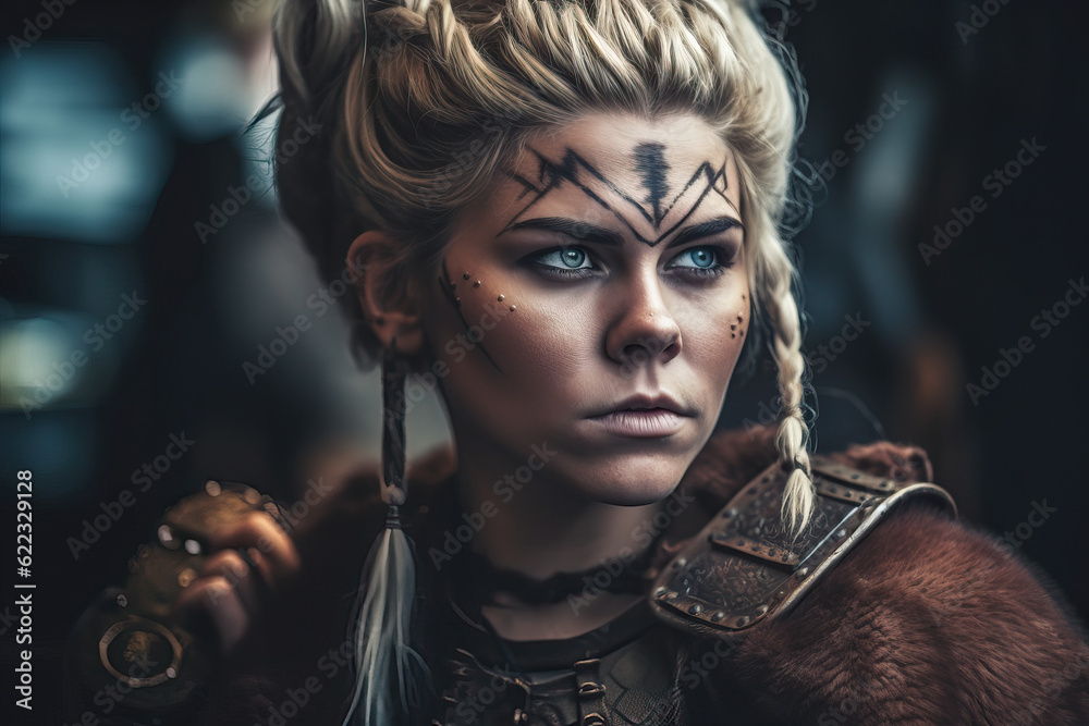 Powerful portrait of a traditional Viking female, embodying the valor ...