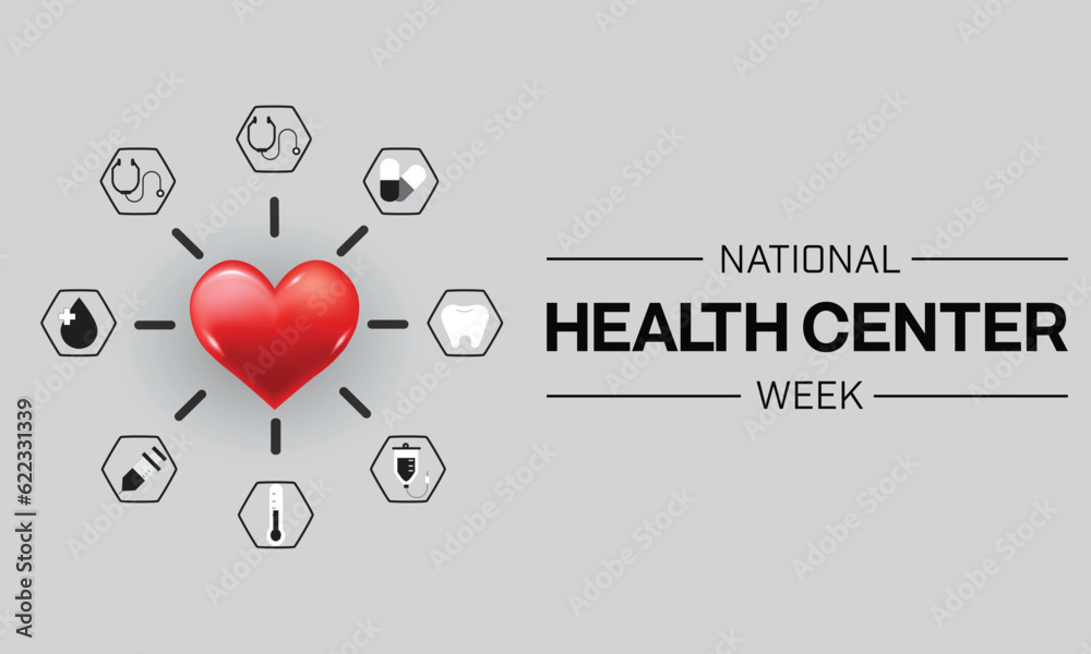 National Health Center Week design with a heart circled by health care ...
