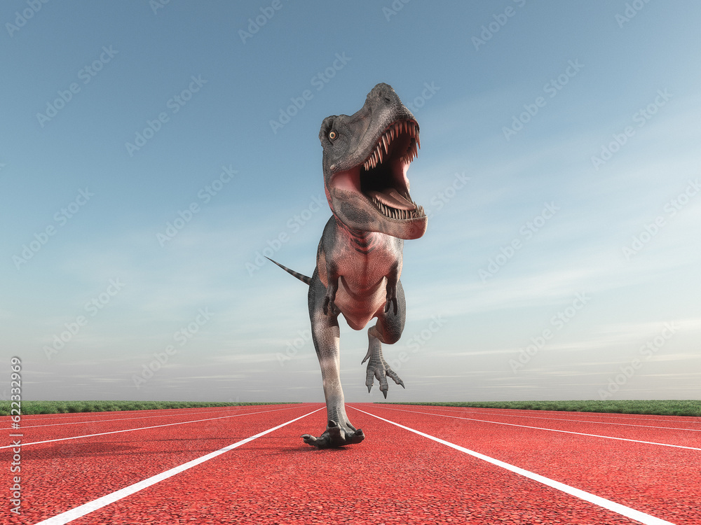 Giant prehistoric monster of dinosaur training on a red running track ...