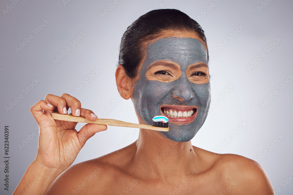 Woman, brushing teeth and skincare portrait for dental, eco friendly ...
