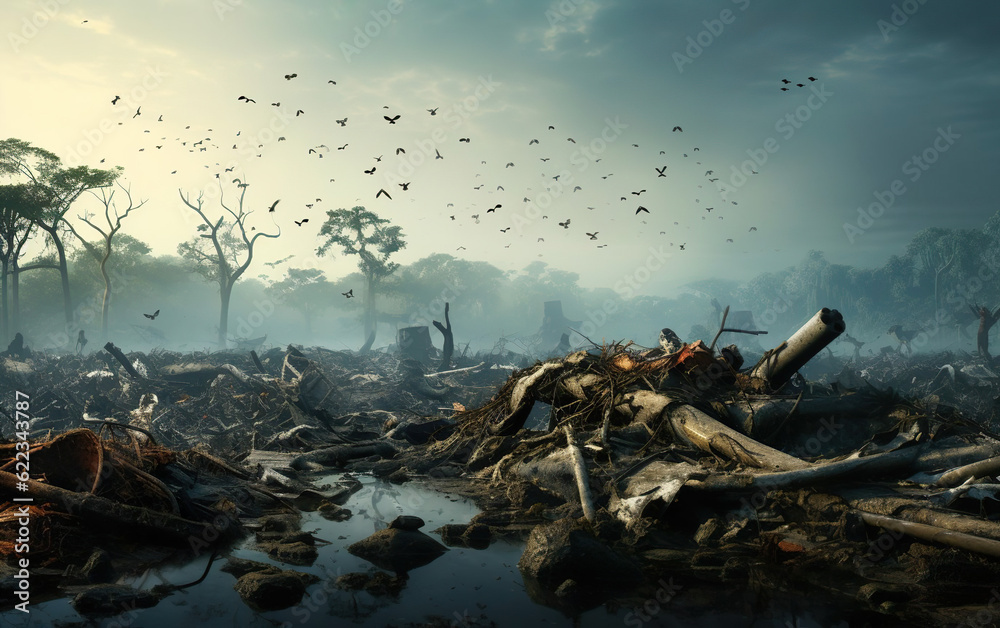 Ilustrace „A barren landscape where a once-thriving forest stood ...