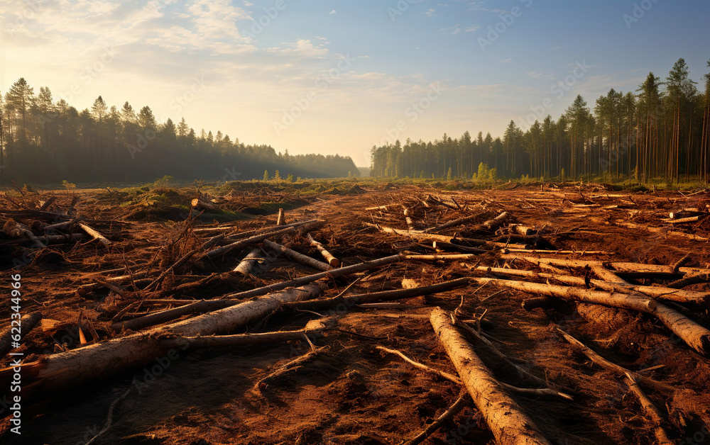 A barren landscape where a once-thriving forest stood, showcasing the ...