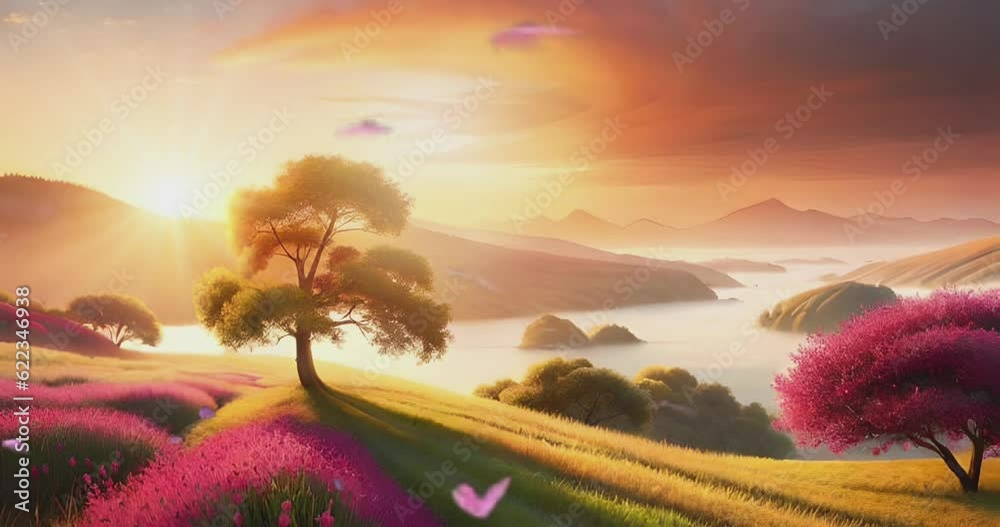 Animasi 3D pemandangan alam dengan nuansa alam yang indah. ada langit ...