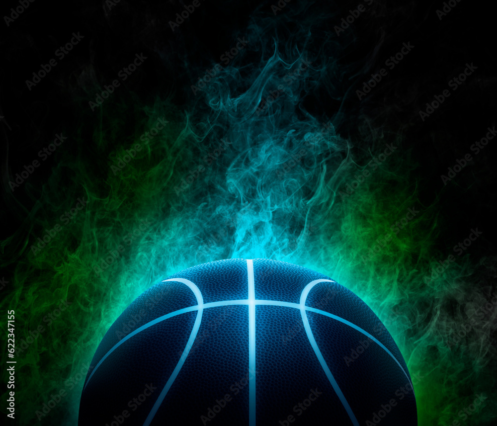 basketball with bright blue glowing neon lines on the color smoke ...