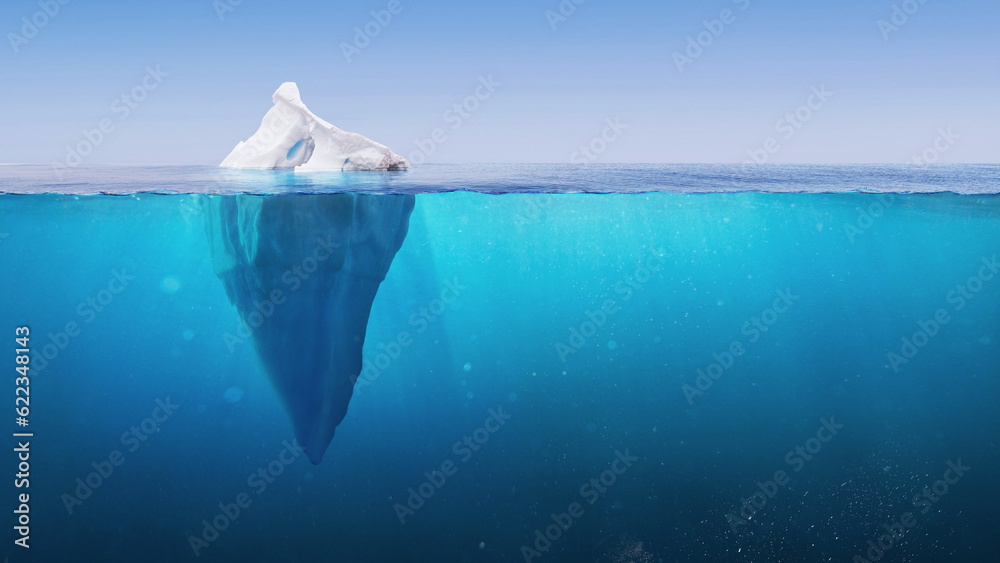 White Iceberg in clear blue water sea, under water view. Iceberg ...
