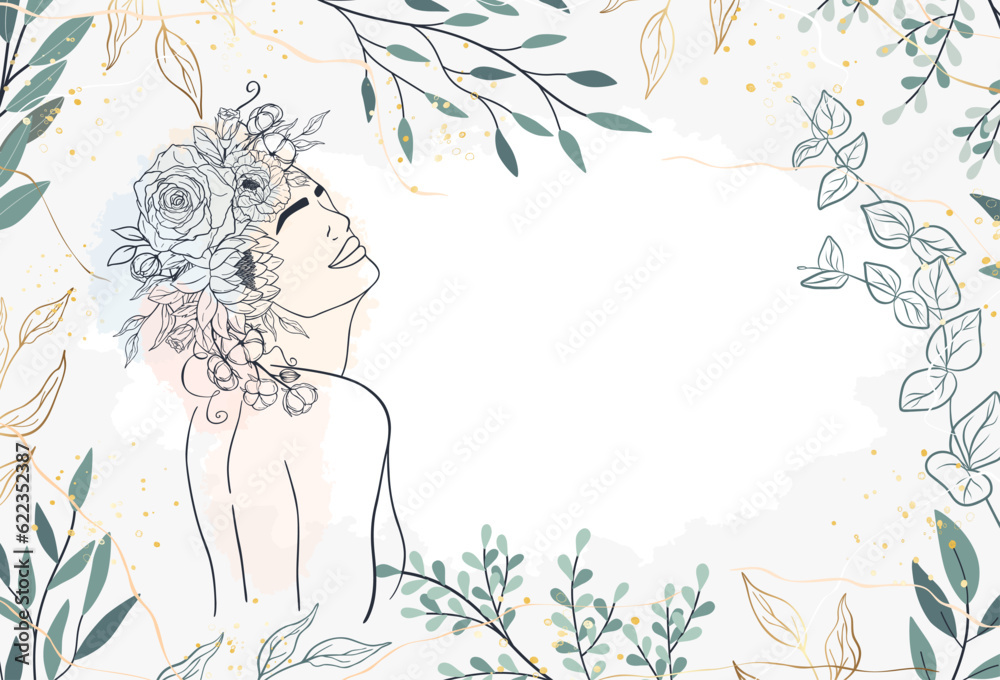 Banner of woman figure with flowers, leaves in line art. Silhouette ...