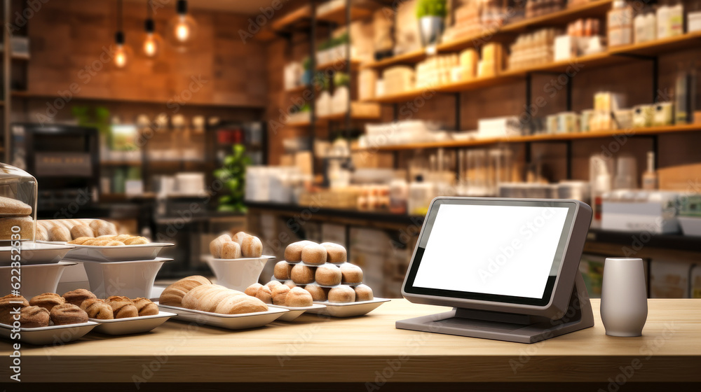 blank monitor and touchscreen tablet in cash register, wooden counter ...