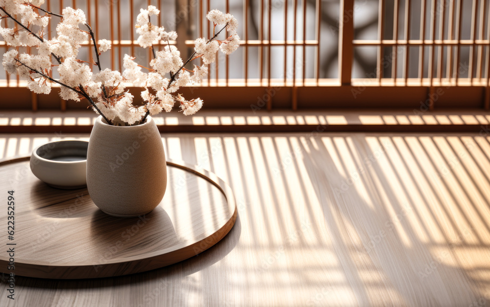 Round wooden table podium with gray vase, all on a traditional Japanese ...