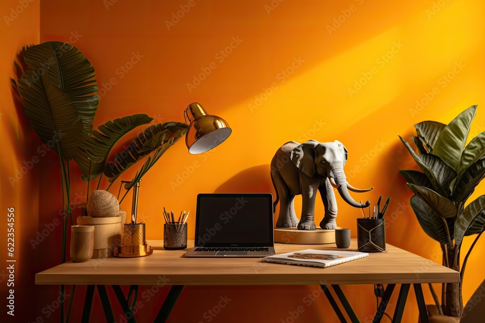 An orange home office desk with office supplies, an elephant figurine ...