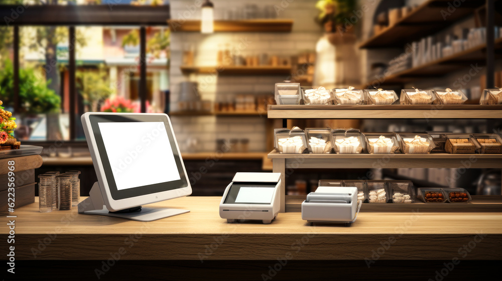 blank monitor and touchscreen tablet in cash register, wooden counter ...
