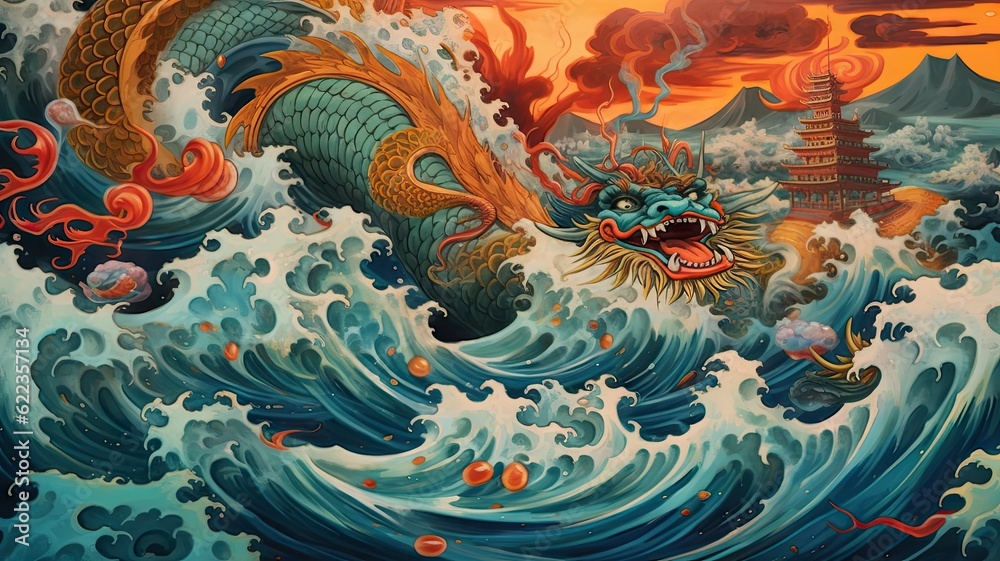 Classical traditional asian emperor blue dragons and sea. Painting of ...