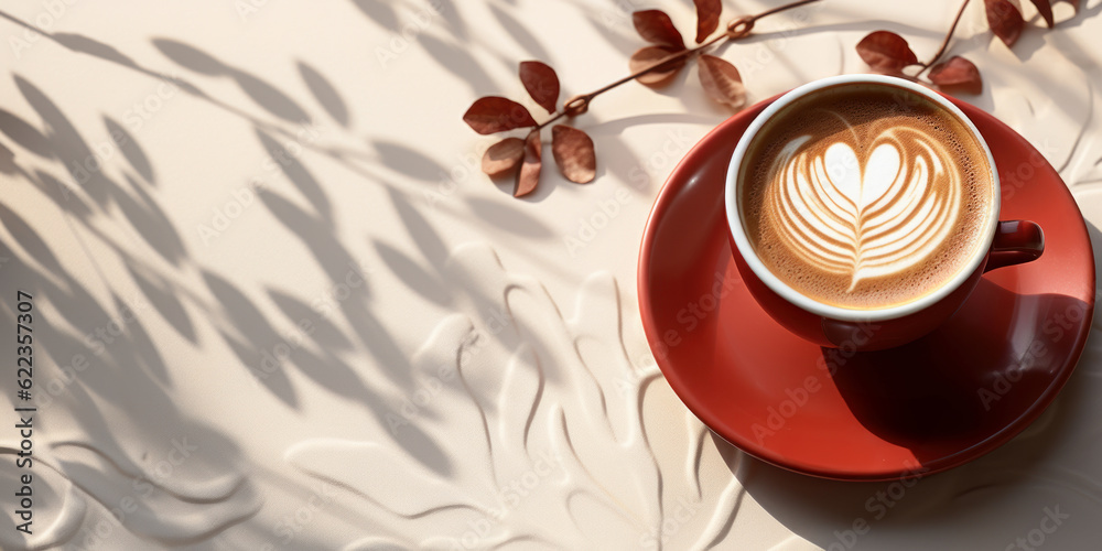 Top view of maroon coffee cup with heart-shaped latte art on a saucer ...