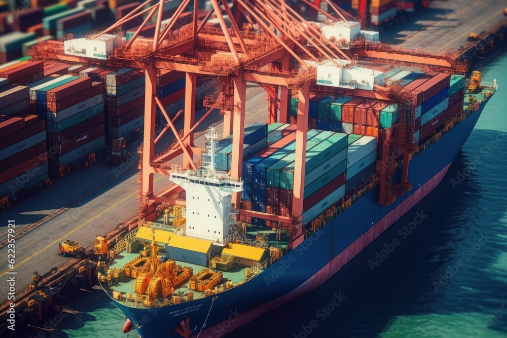 Aerial close up view of a container ship at the pier of cargo seaport ...