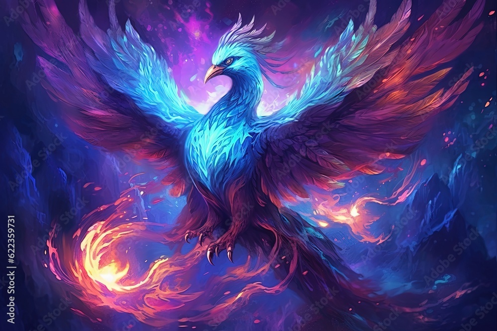 digital painting of phoenix in the blue purple flames, reborn and more ...