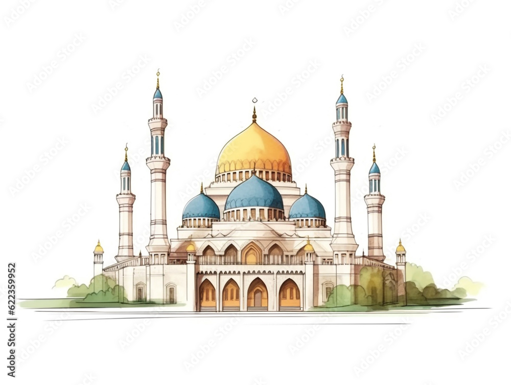 Drawing of a mosque using medium ink and watercolor isolated on white ...