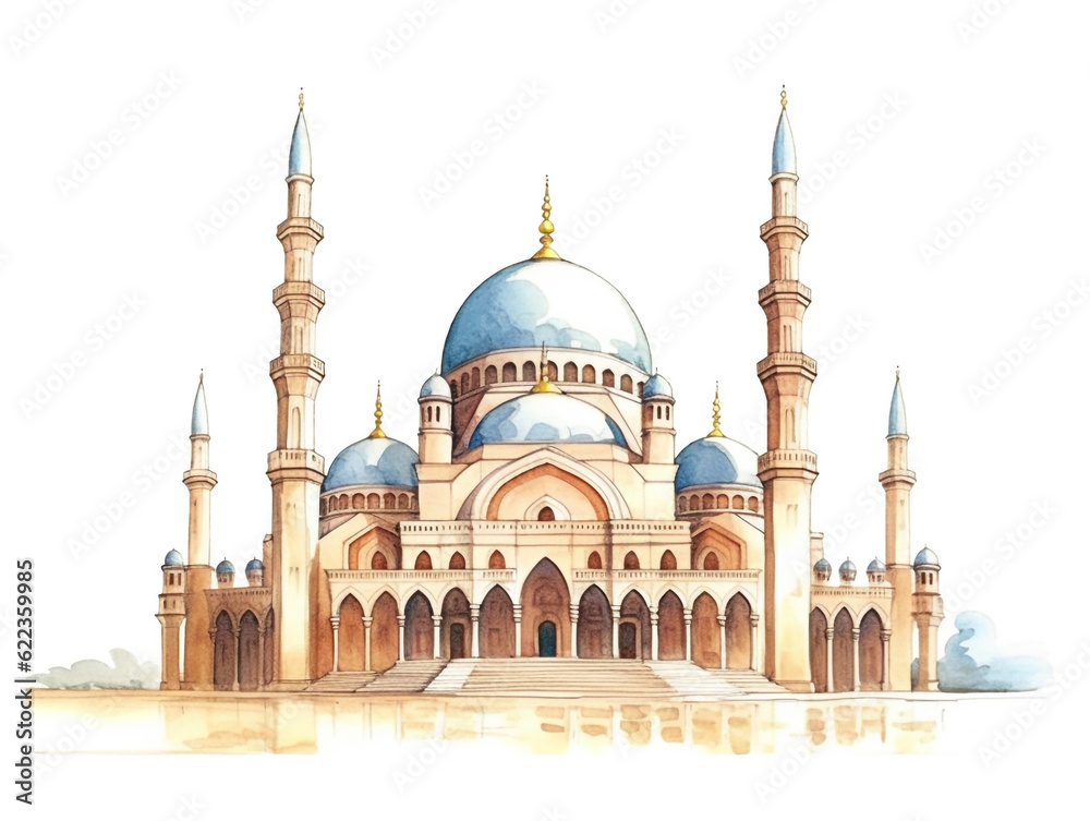 Drawing of a mosque using medium ink and watercolor isolated on white ...
