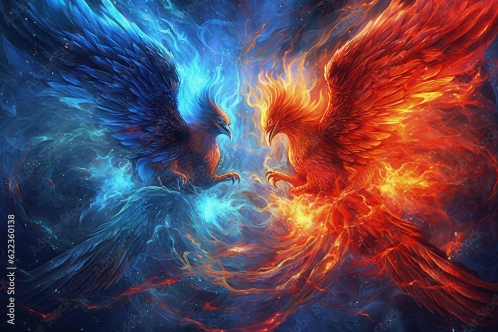 Digital painting of fire and ice birds in the sky, magic blue and red ...