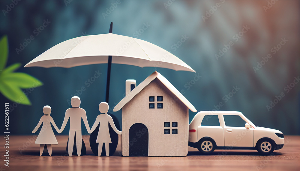 Insurance concept, logo, illustration. The family insured the car ...