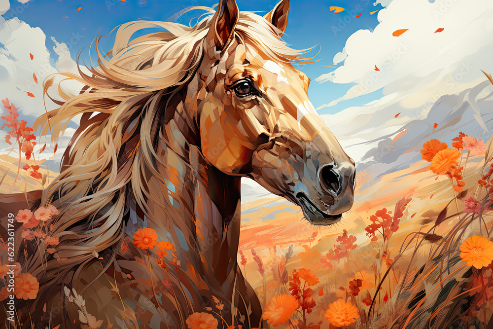 A mystical floral horse standing amidst a dense, enchanted forest, its ...