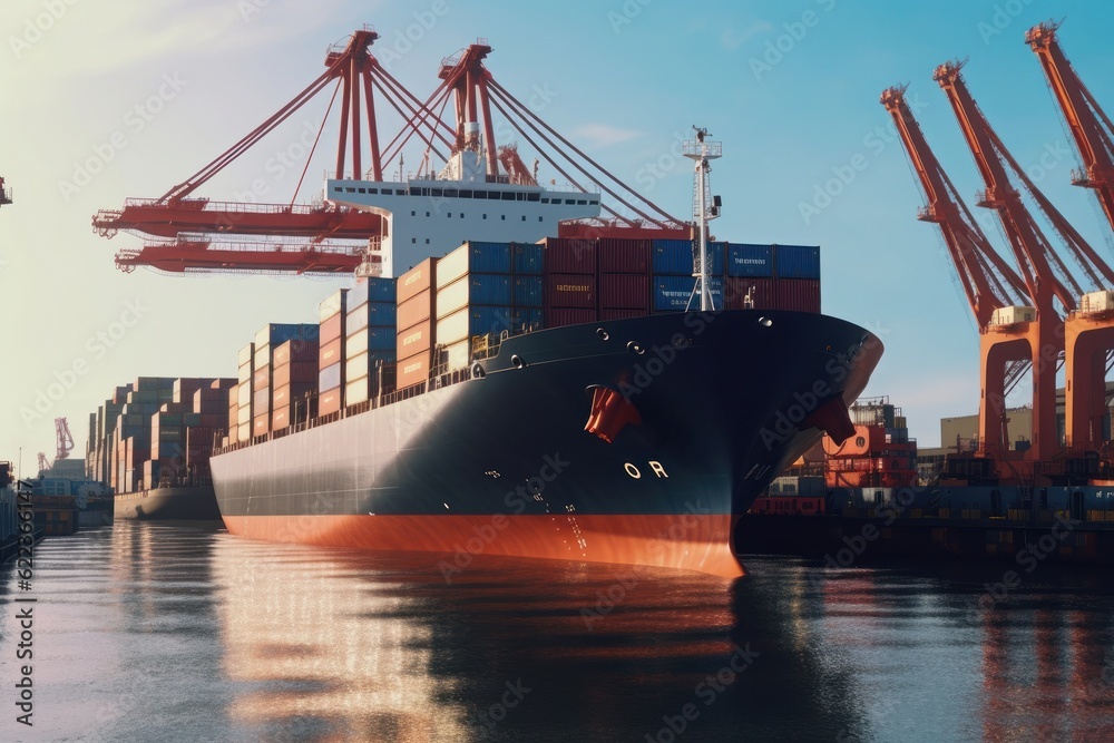 Container ship enters the water area of a giant seaport cargo terminal ...