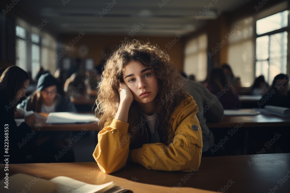 Female student bored sleepy Caucasian woman tired sad stressed girl in ...