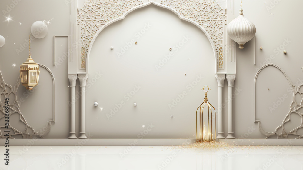 Islamic banner, mockup with golden gate, crescent moon and arabic ...