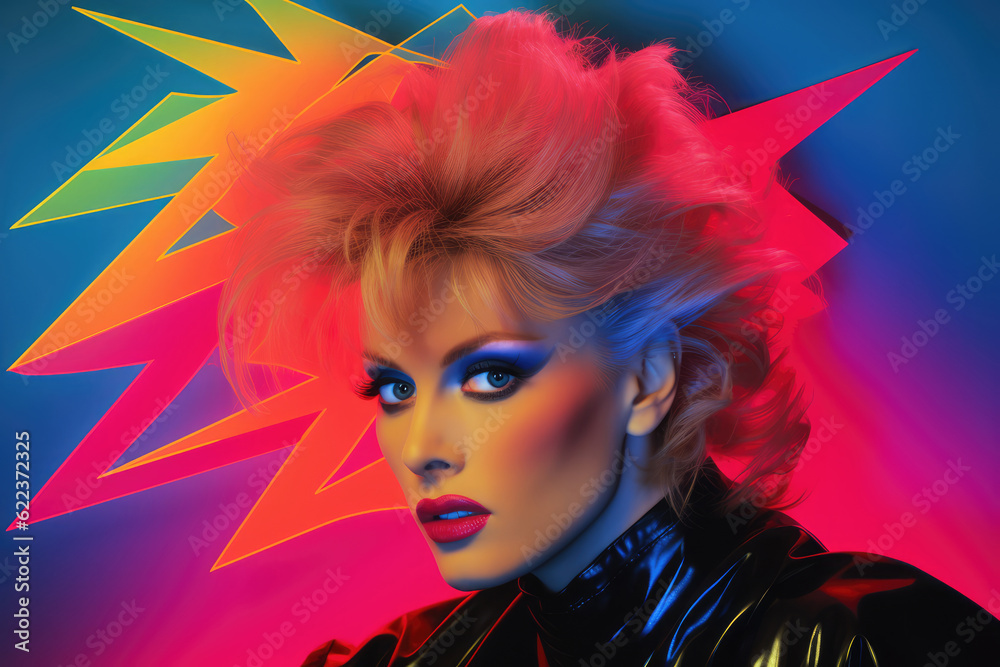 1980s pop art illustration of a blonde female singer with abstract neon ...