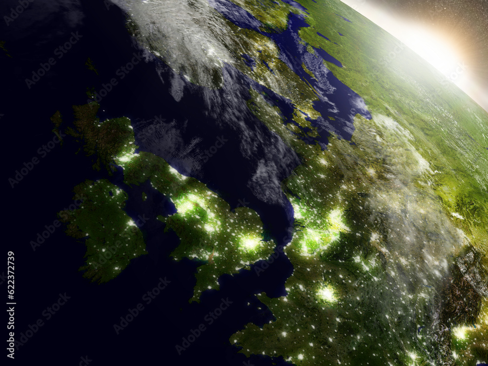 United Kingdom with surrounding region during sunrise as seen from ...