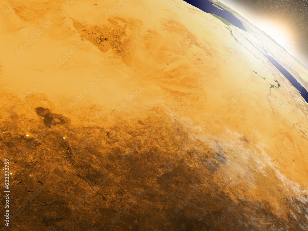 Chad with surrounding region during sunrise as seen from Earth's orbit ...