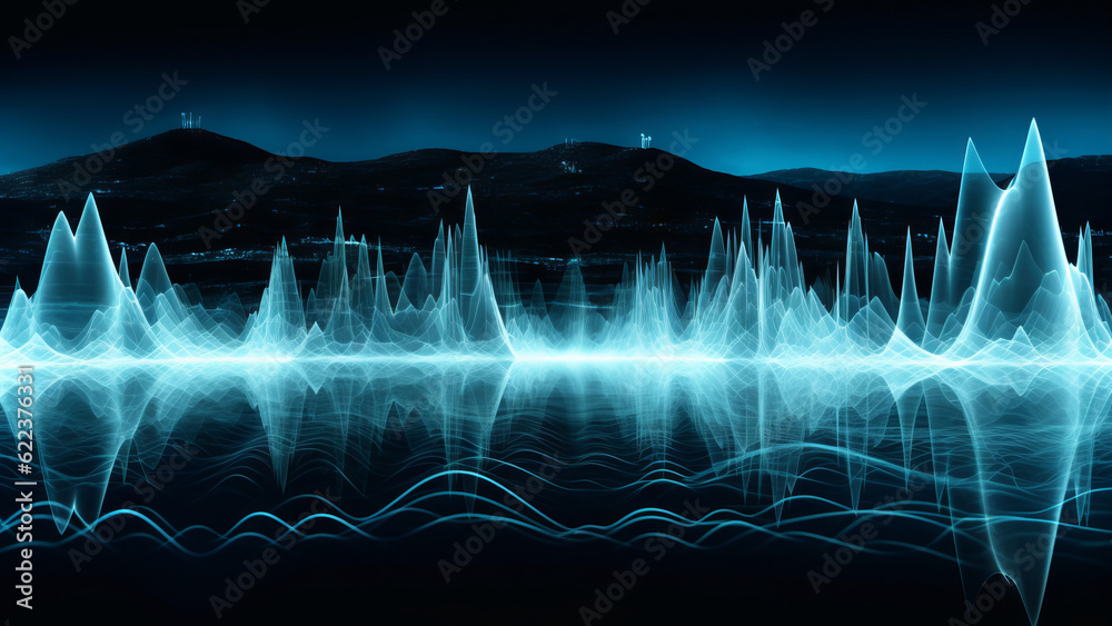 Abstract art of waves in cold blue colors in a dark space. Abstract ...