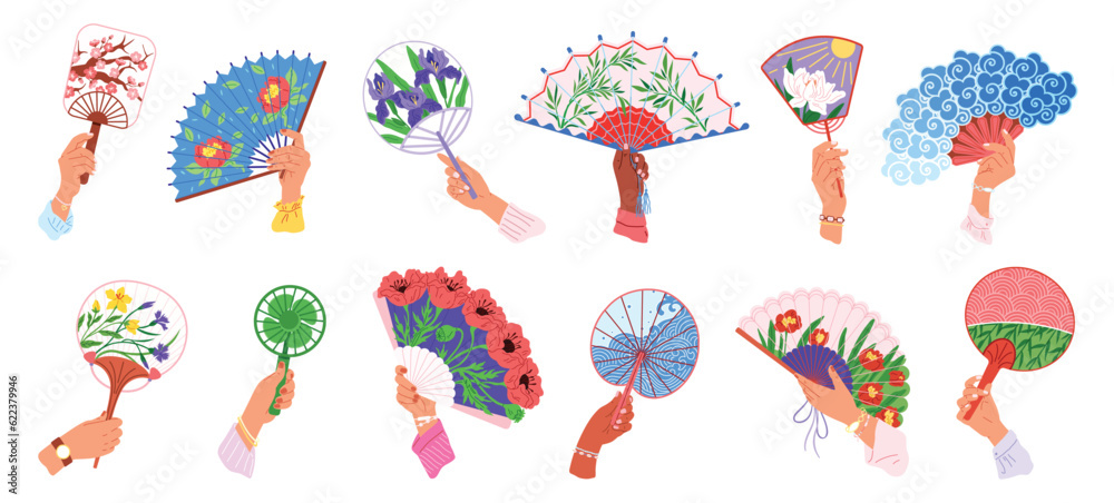 Hand fan icons. Collection of handheld icons isolated. Chinese and ...