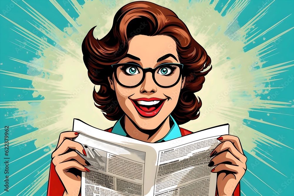 Stylish Young Lady Immersed In Reading Pop Art Retro Comic Style Advertising Poster Reading