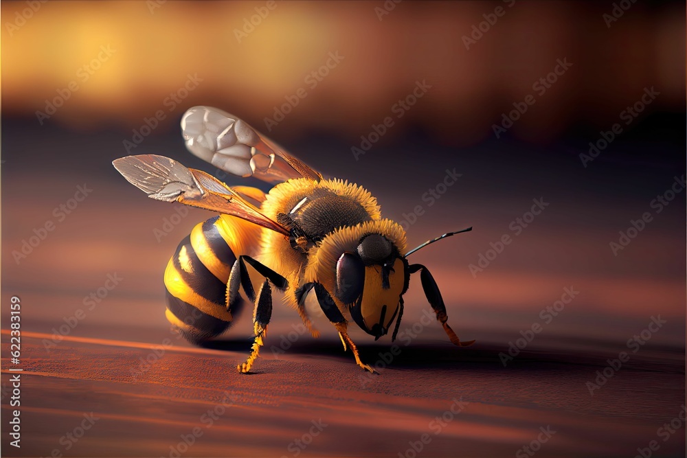 AI generated illustration of a bee standing atop a wooden table with ...