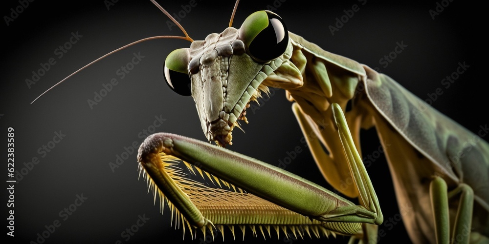 AI generated illustration of a green praying mantis with long antennae ...