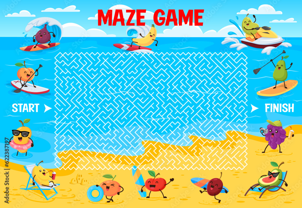 Labyrinth maze game. Cartoon funny fruits on summer beach vacation ...
