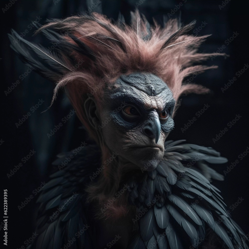 AI generated illustration of a humanoid scary bird with feathers on the ...