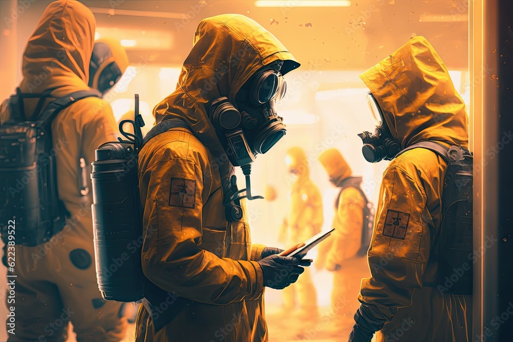 Individuals in hazmat suits and gas masks examining the safety of a ...