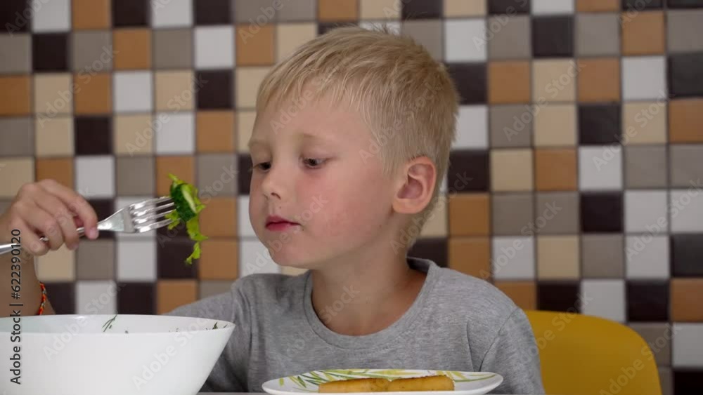Stockvideon Caucasian child boy eating lunch. Kid savoring food with ...