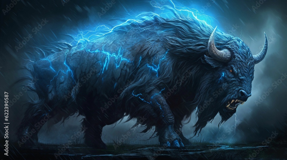 AI generated illustration of a monster bison with large, blue horns in ...