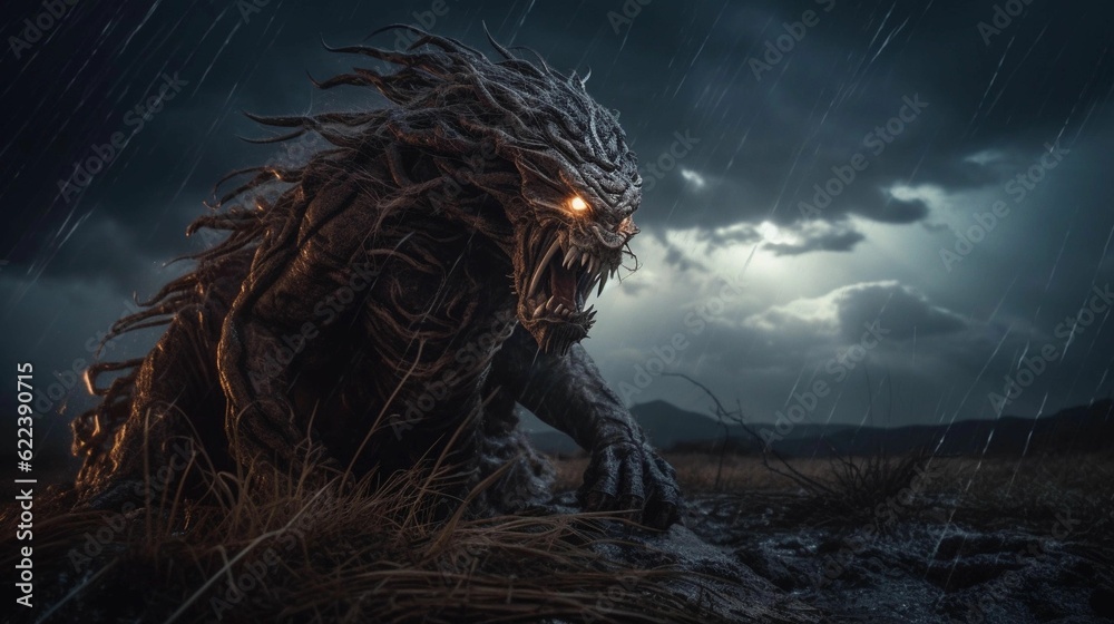 AI generated illustration of a monstrous alien creature on a dark ...