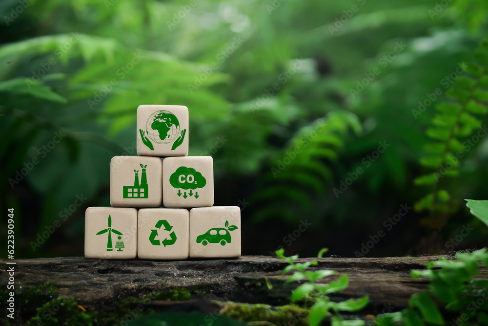 Wooden cubes with clean energy icon standing on eco friendly icon ...