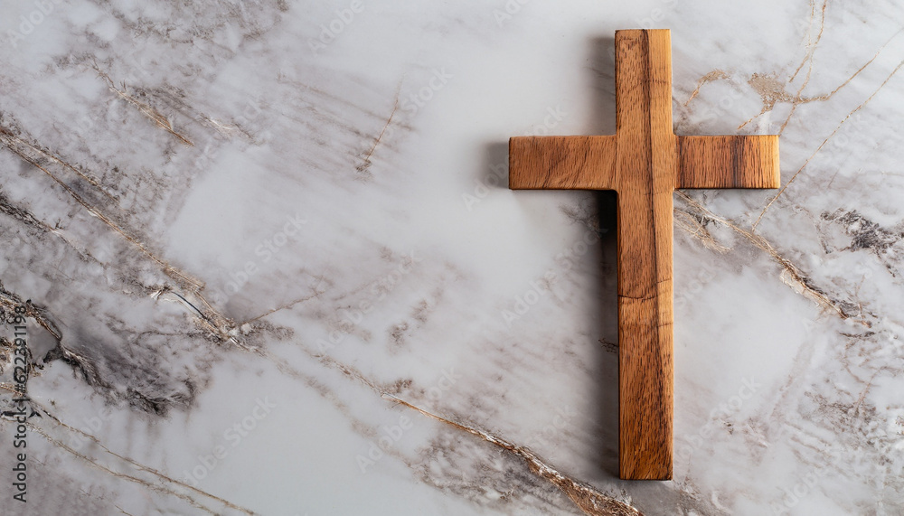 Wooden cross on marble background. Reminder of Jesus sacrifice and ...
