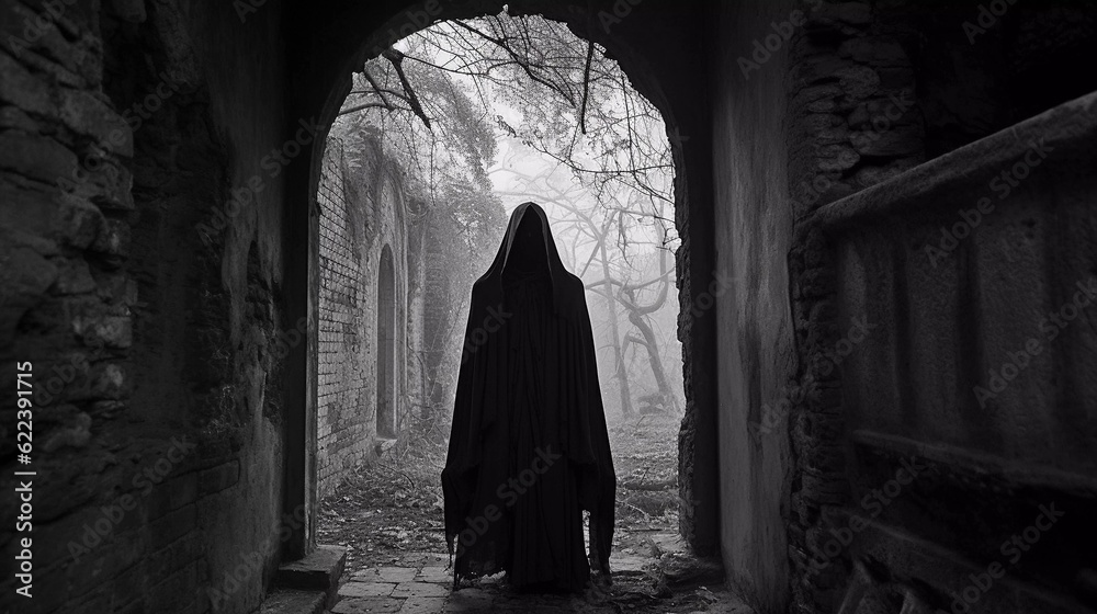 AI generated illustration of an ominous character dressed as death in ...