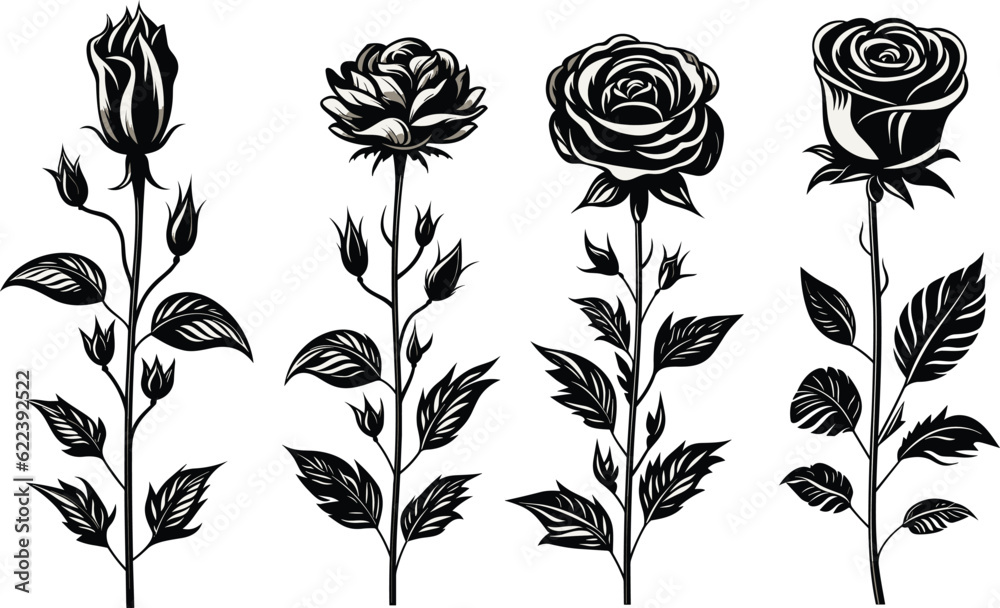 rose silhouette element illustration stem black bud flower leaf symbol ...