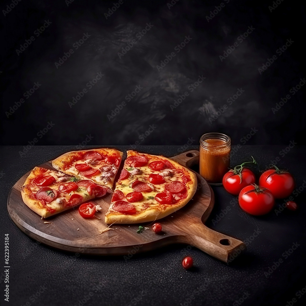 Tasty pepperoni pizza on wooden board over black dark background, pizza ...