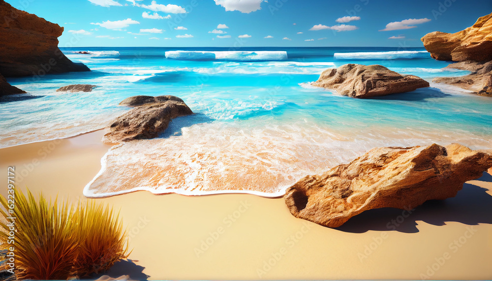 Beautiful and peaceful sea sandy coast, sunny summer beach scene ...