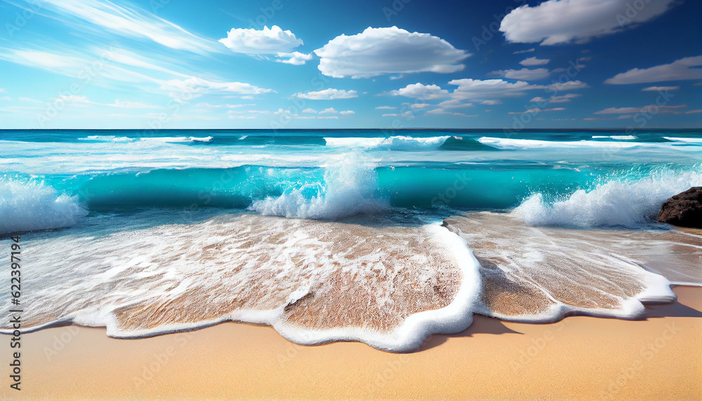 Beautiful and peaceful sea sandy coast, sunny summer beach scene ...