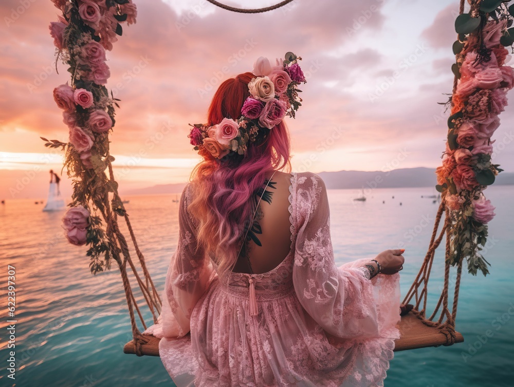 Back view of a woman wearing a wreath, example of faceless characters ...