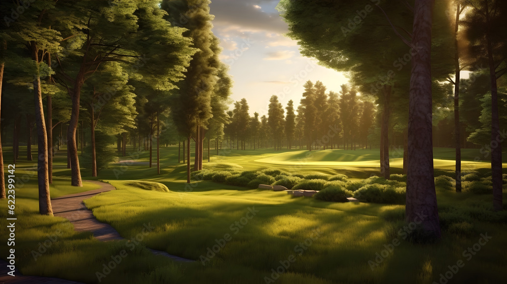 A serene golf course surrounded by lush greenery and tall trees. The ...